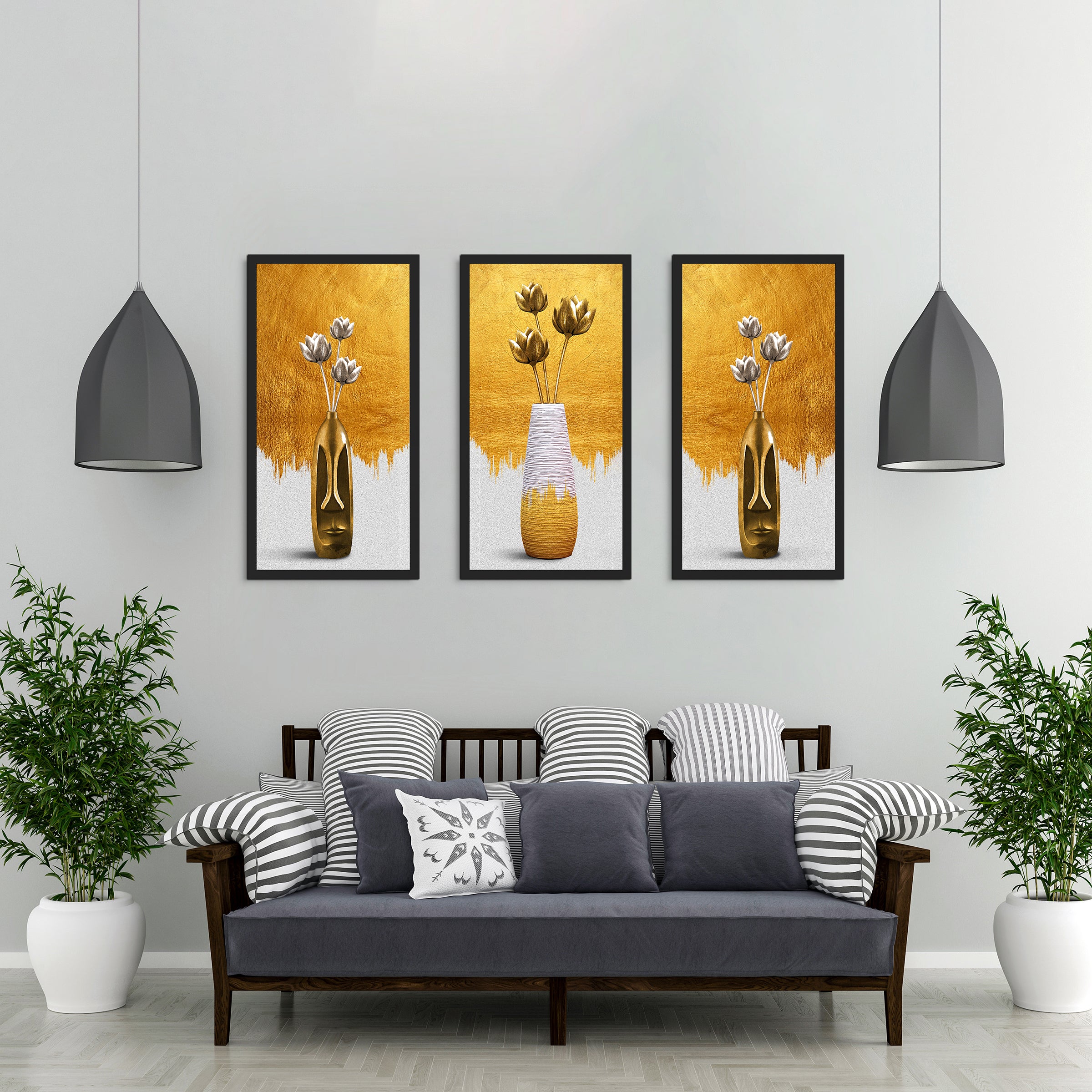 Gold Flower Vase Triptych Canvas Art – Articture