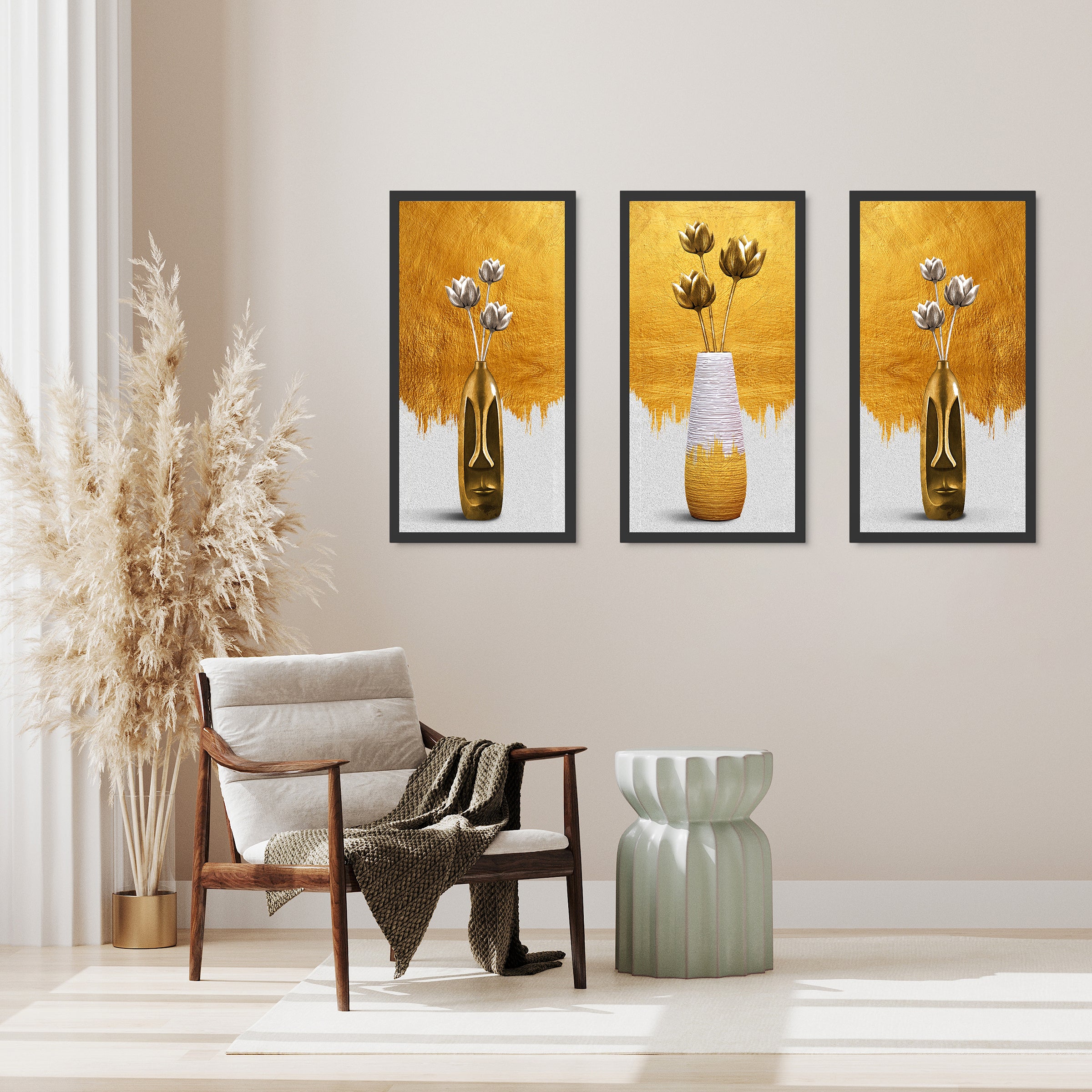 Gold Flower Vase Triptych Canvas Art – Articture